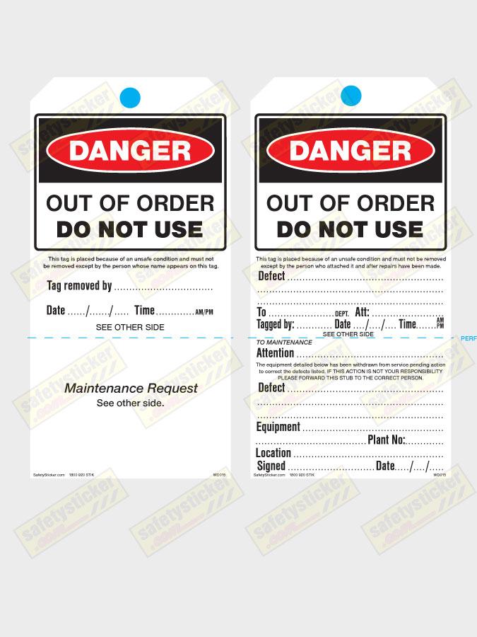 Warning "Out Of Order" Swing Tags | Safety Stickers | Safety Decals